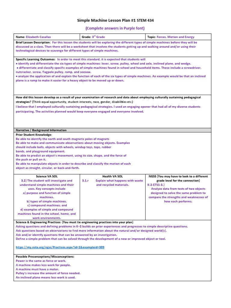 Simple Machine Lesson Plan Stem 434 Fall 2022 Elizabeth Casallas 1 1 | PDF