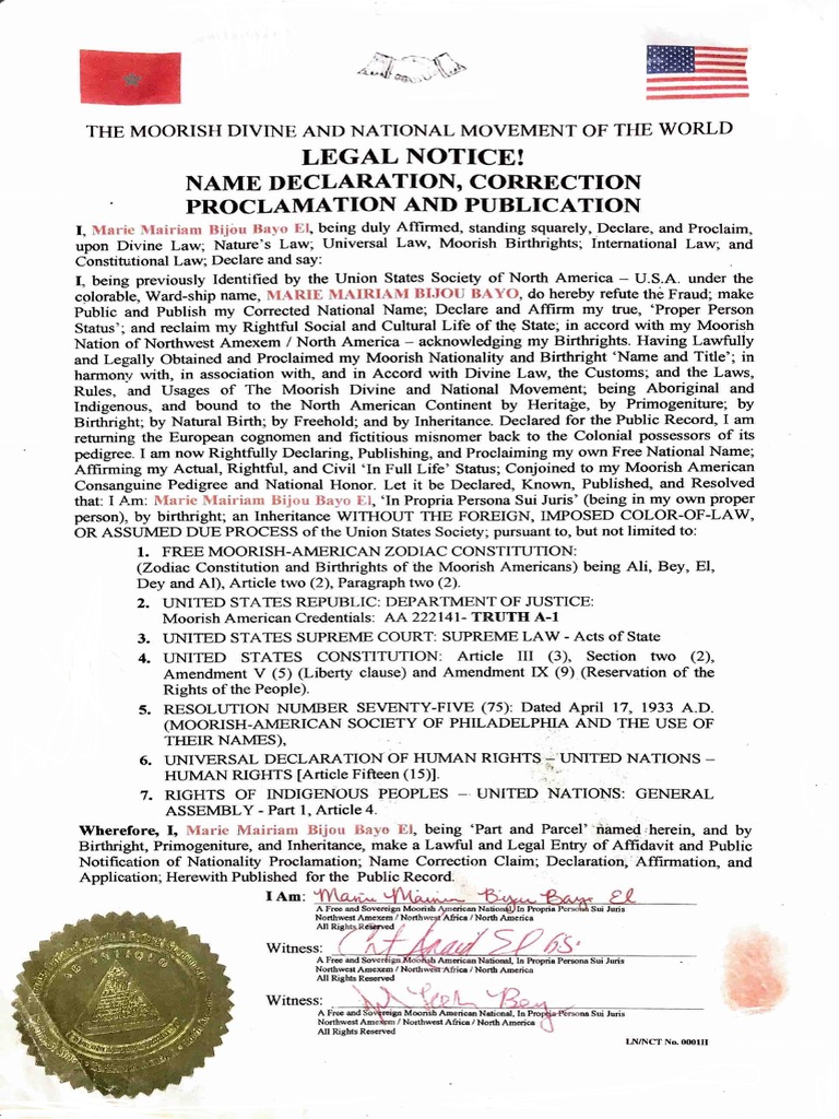 Moorish Nationality Name Declaration | PDF | Common Law | Public Law