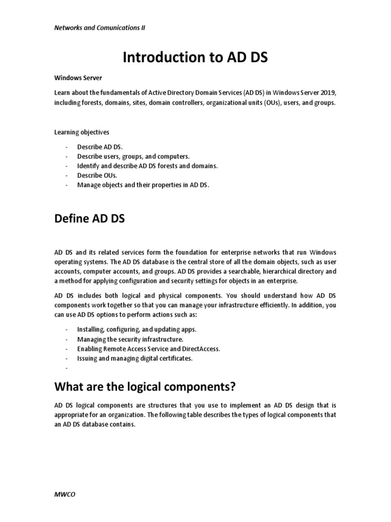 Introduction To Ad Ds Pdf Active Directory User Computing