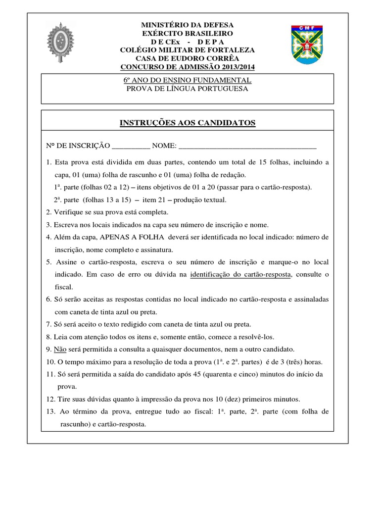 Concurso de Admissão Ao 6o Ano EF Do CMF 2013/2014 | PDF