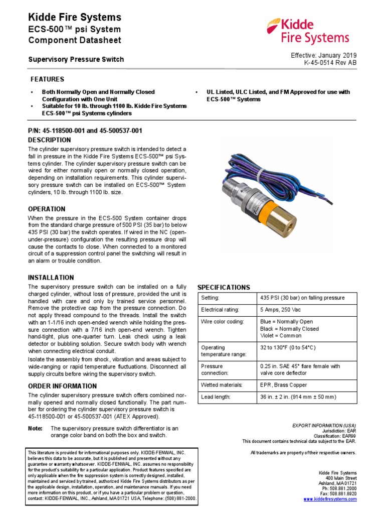 Kidde ECS 500 Psi With FK-5-1-12 Fire Protection Fluid Supervisory ...