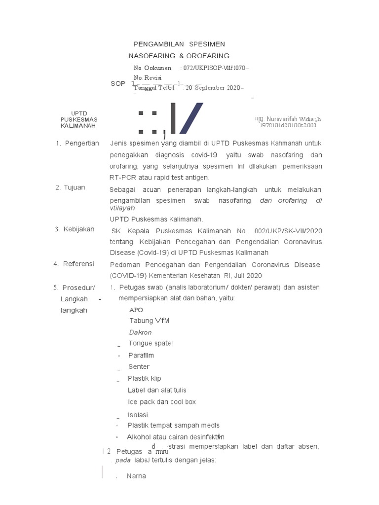 Sop Pengambilan Spesimen Nasofaring Dan Orofaring | PDF | Pengembangan ...