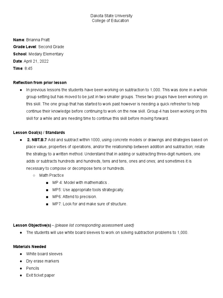 Brianna Pratt - l3stl1 - Dsu Lesson Plan Template | PDF | Behavior ...