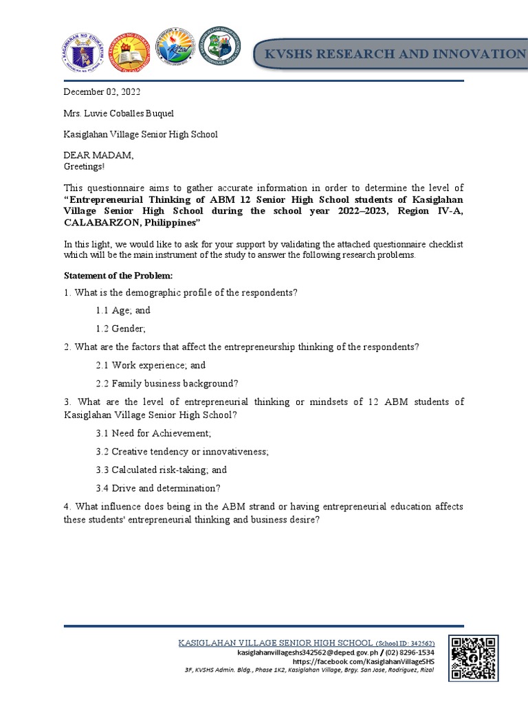 Validation Letter G4 PR2 | PDF | Entrepreneurship | Psychology