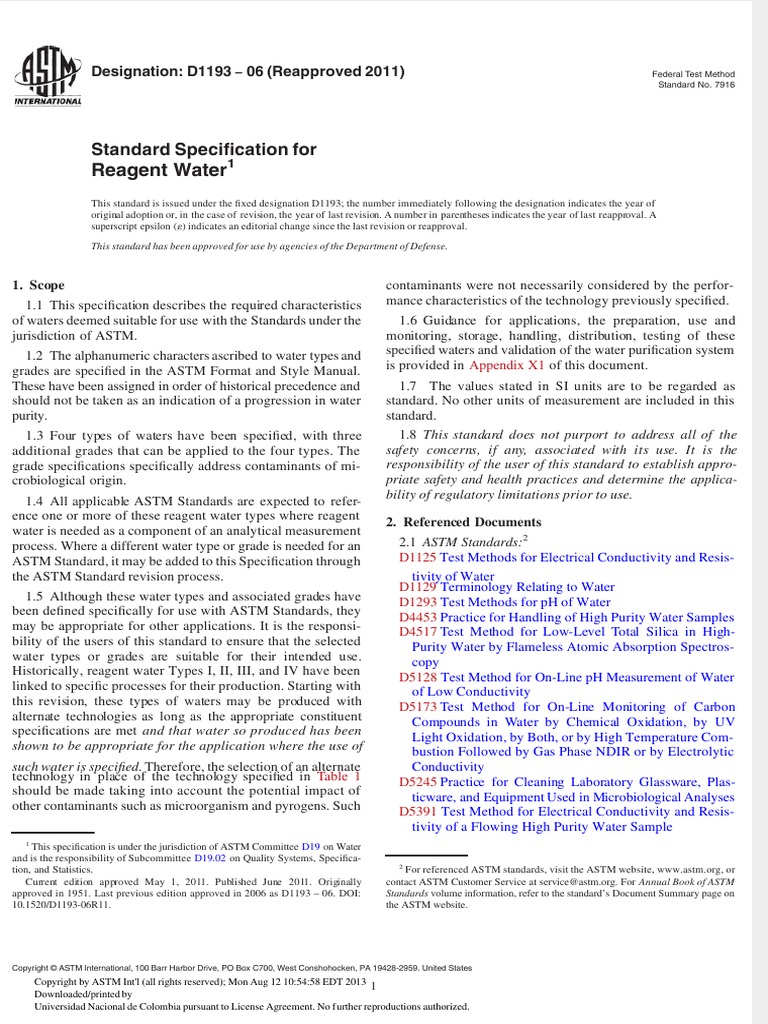 Astm D1193-06 | PDF | Total Organic Carbon | Water Purification