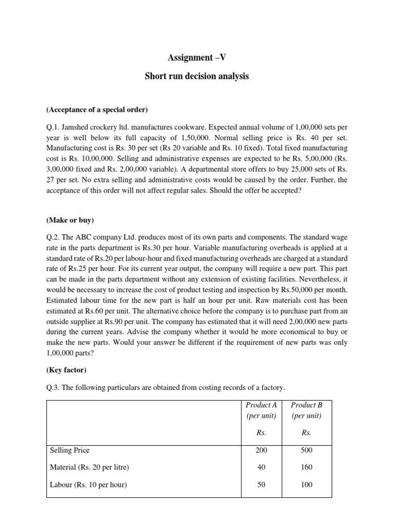 Assignment V - Short Run Decision Making | PDF | Prices | Profit (Economics)
