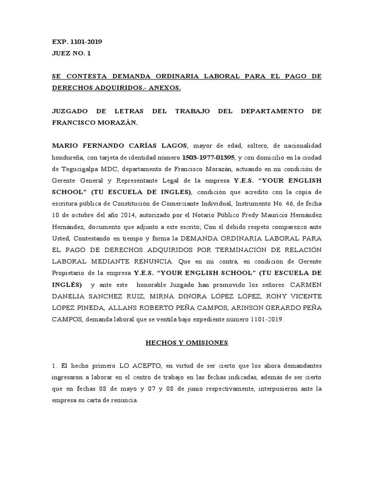 Contestacion de Demanda Laboral - Mario Lagos - Yes - Abog Wilmer | PDF ...