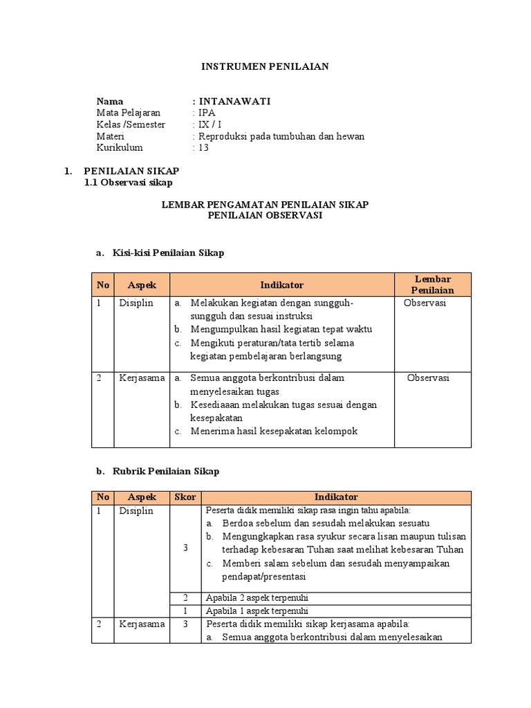 INSTRUMEN PENILAIAN KLS 9 KD 2 (Sistem Perkembangbiakan Pada Tumbuhan Dan Hewan) - INTANAWATI | PDF