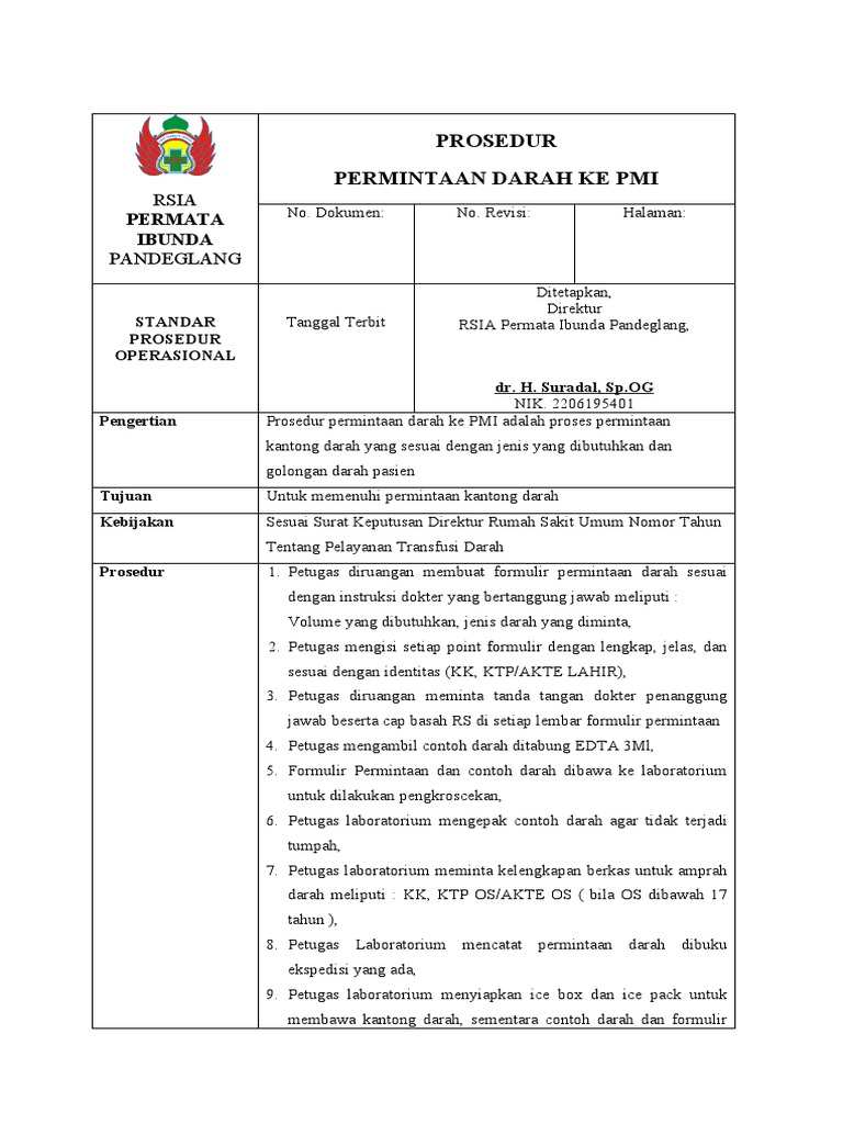 Prosedur Permintaan Darah di RSIA | PDF | Kesehatan Holistik | Sains ...
