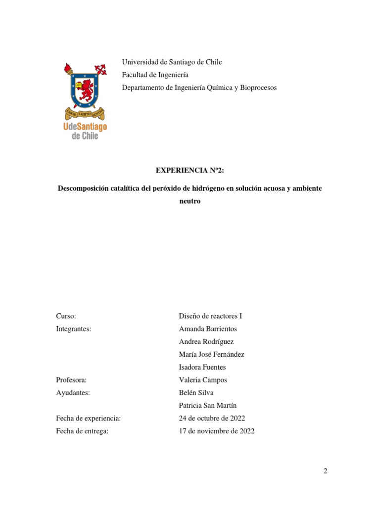 Lab 2 Reactores | PDF | Reacciones químicas | Catálisis