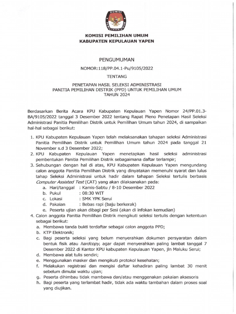 Penetapan Hasil Seleksi Administrasi Panitia Pemilihan Distrik PPD ... Penetapan Hasil Seleksi Administrasi Panitia Pemilihan Distrik PPD ...