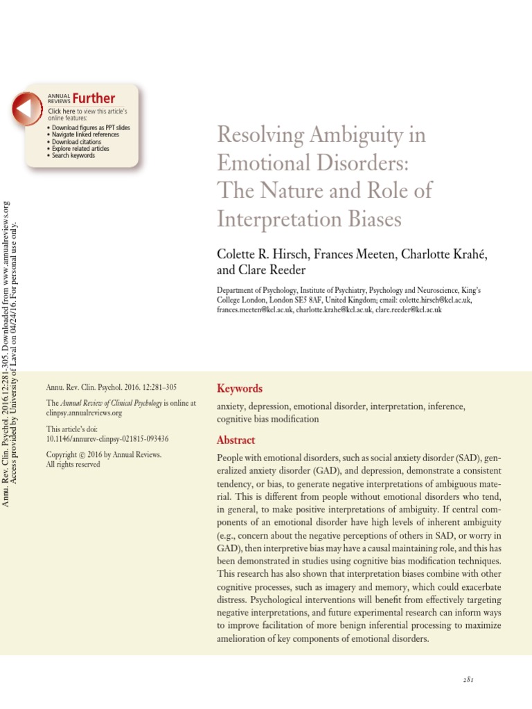 4 Resolving Ambiguity in Emotional Disorders The Nature and Role of Interpretation Biases | PDF ...
