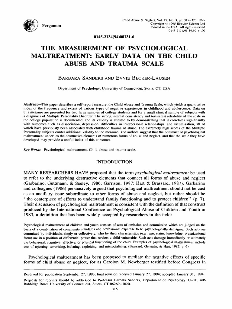 The Measurement of Psychological Maltreatment Early Data On The Child ...