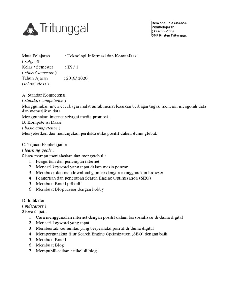 LESSON PLAN TIK 9 SMTR 1 - Internet Blog 1920 | PDF LESSON PLAN TIK 9 SMTR 1 - Internet Blog 1920 | PDF