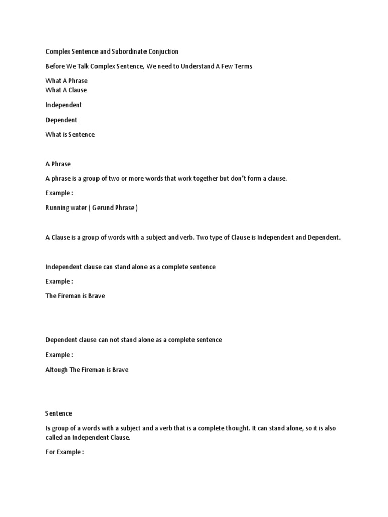 Complex Sentence and Subordinate Conjuction | PDF | Sentence ...