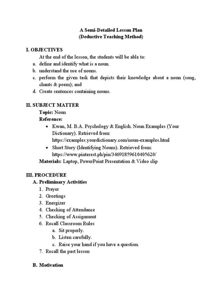 Lesson Plan (Deductive Teaching Method) | PDF | Lesson Plan | Noun