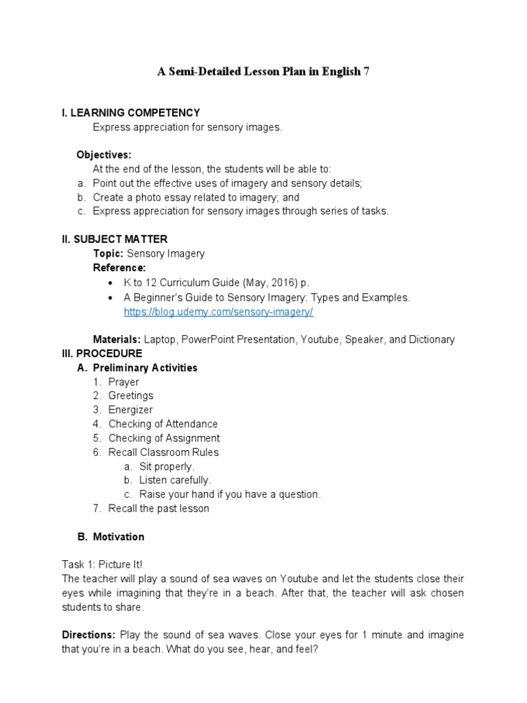 Lesson Plan (English 7) | PDF | Perception | Lesson Plan