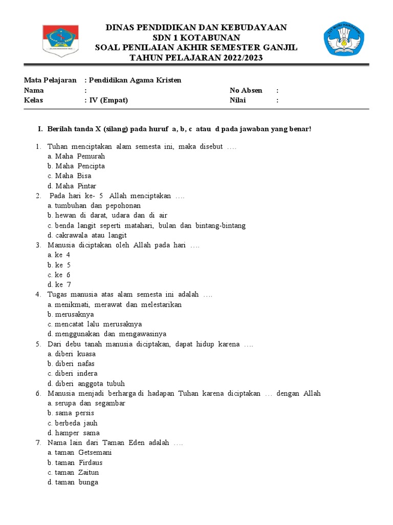 Soal PAS Ganjil PAK Kelas 4 SD | PDF | Ilmu Sosial | Agama & Spiritualitas