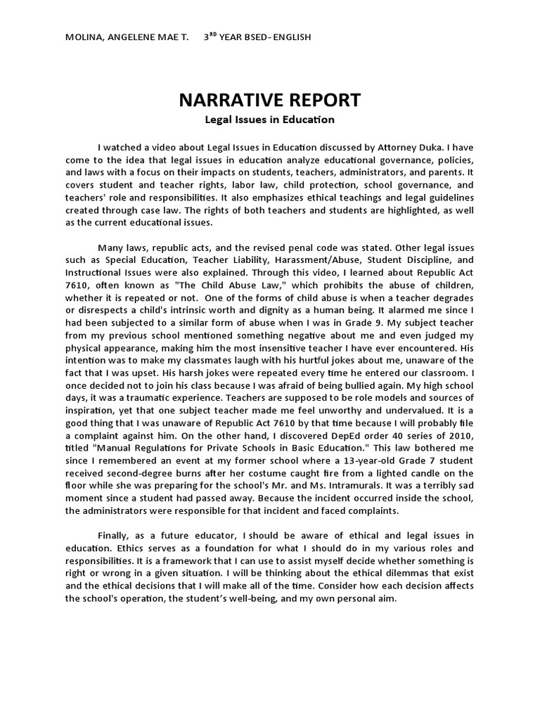 NARRATIVE REPORT Legal Issues in Education | PDF | Teachers | Child Abuse