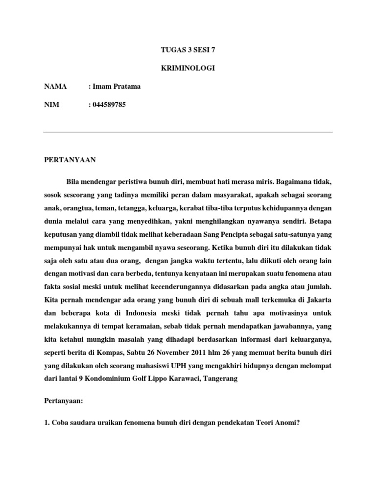 Imam Pratama - 044589785 - Tugas 3 Sesi 7 - Kriminologi | PDF