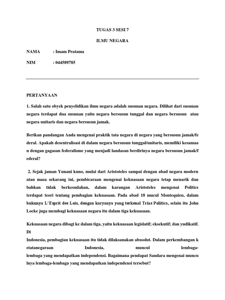 Imam Pratama - 044589785 - Tugas 3 Sesi 7 - Ilmu Negara | PDF