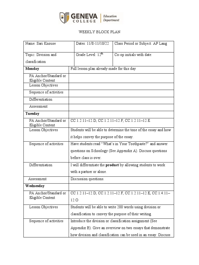 AP Lang Division and Classification Plan | PDF | Essays | Lesson Plan