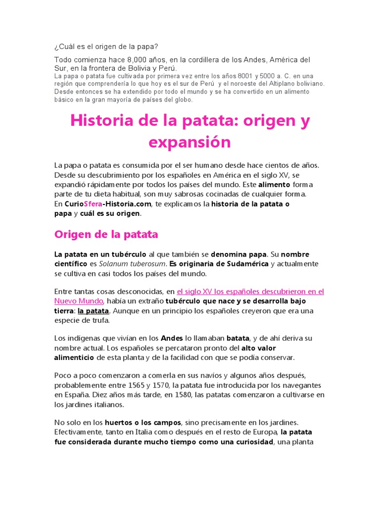 Cuál Es El Origen de La Papa | PDF | Patata | Alimentos Cuál Es El Origen de La Papa | PDF | Patata | Alimentos