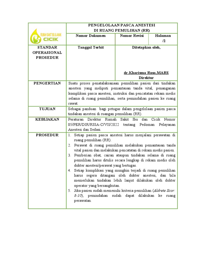 Sop Pengelolaan Pasca Anestesi Di Ruang Pemulihan (Recovery Room) | PDF