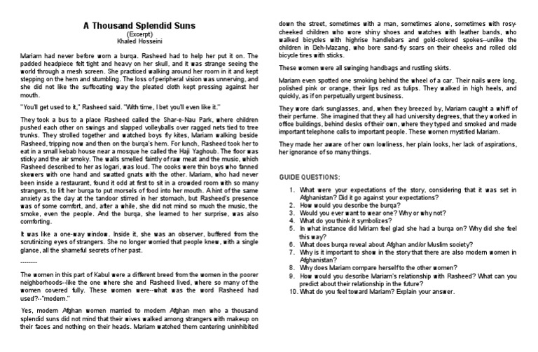 A Thousand Splendid Suns Excerpt | Download Free PDF | Clothing
