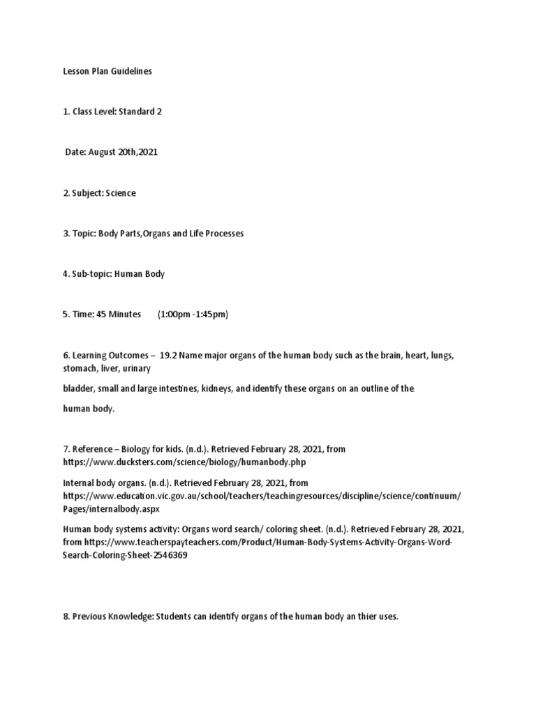 Lesson Plan Guidelines | PDF | Human Body | Cognition