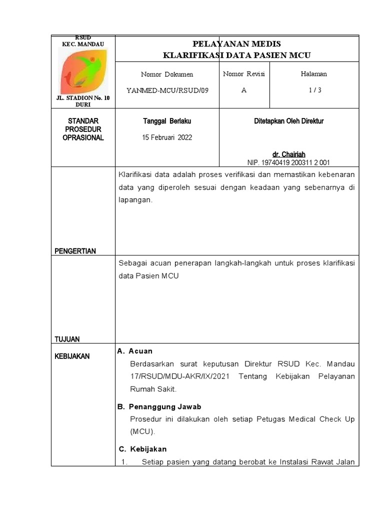 09 Sop Klarifikasi Data Pasien Mcu | PDF