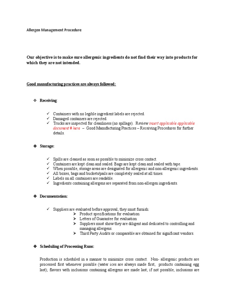 Allergen Management Procedure | PDF
