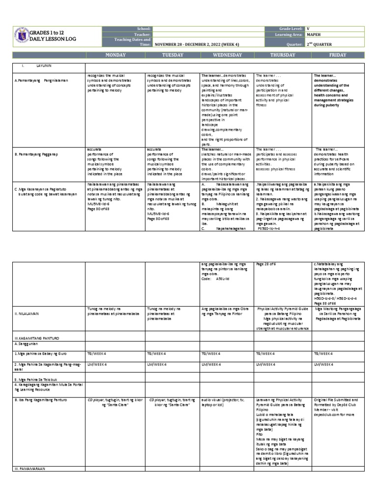 DLL - Mapeh 5 - Q2 - W4 | Download Free PDF | Learning | Behavior Modification