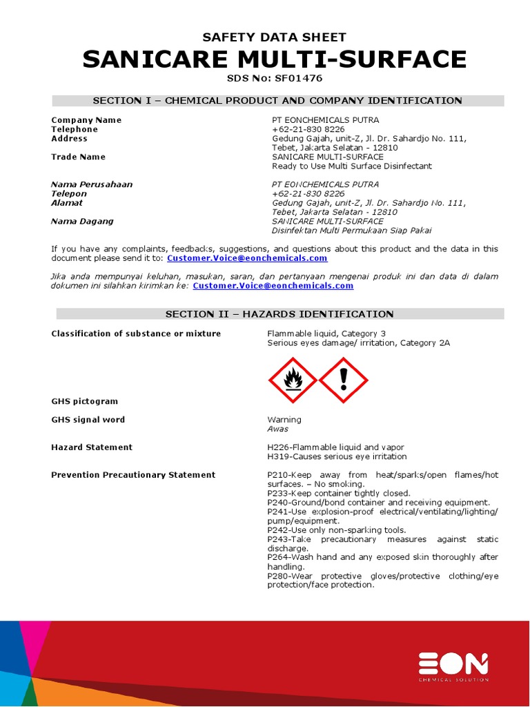 MSDS Eon 3 Sanicare Multi-Surface M201 | Download Free PDF | Physical Sciences | Chemistry
