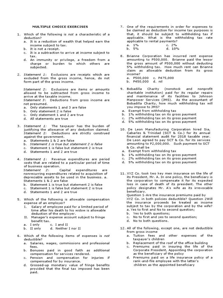 Tax Deductions and Exclusions Quiz | PDF | Tax Deduction | Expense
