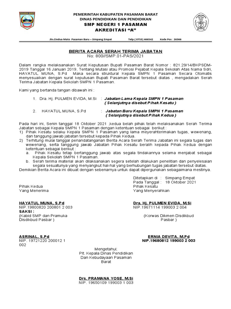 Berita Acara Serah Terima Jabatan 2021 | PDF