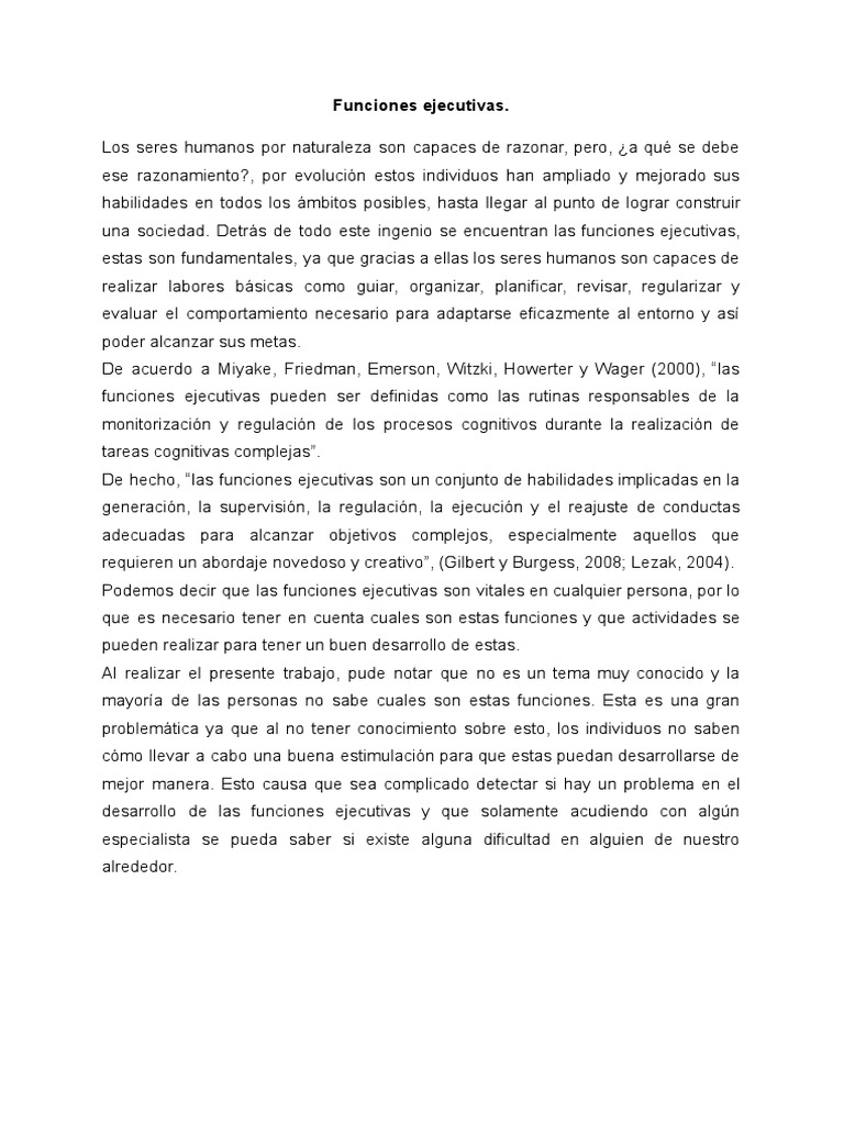 Funciones Ejecutivas - Ensayo | PDF | Funciones ejecutivas | Memoria de ...