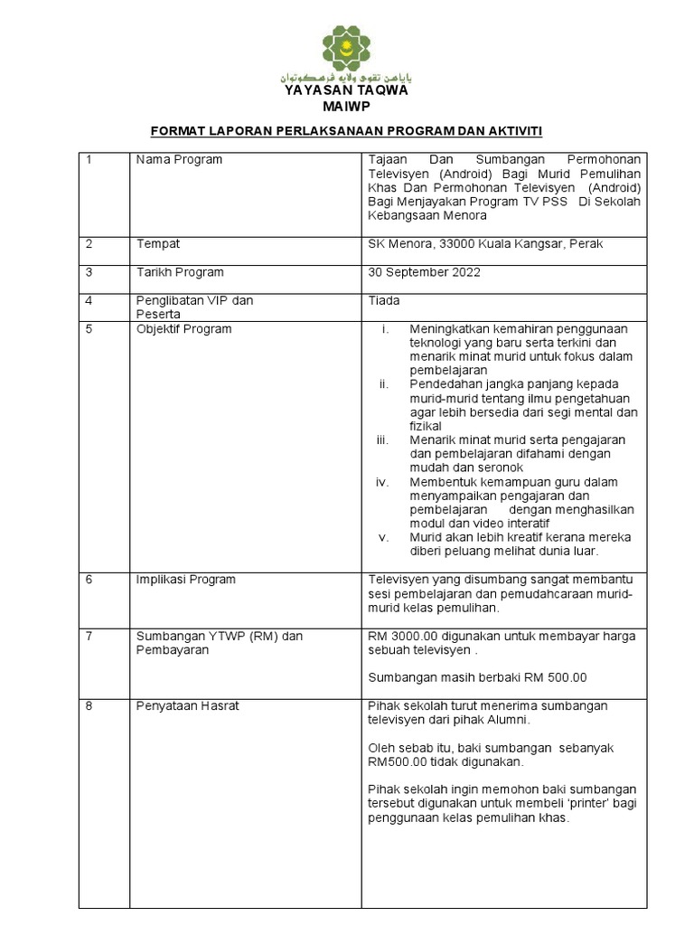 Borang Laporan Aktiviti - SK Menora | PDF