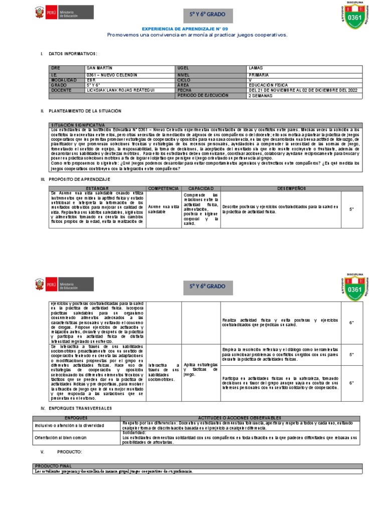 5y6 V Ciclo Experiencia De Aprendizaje 9 Noviembre Pdf