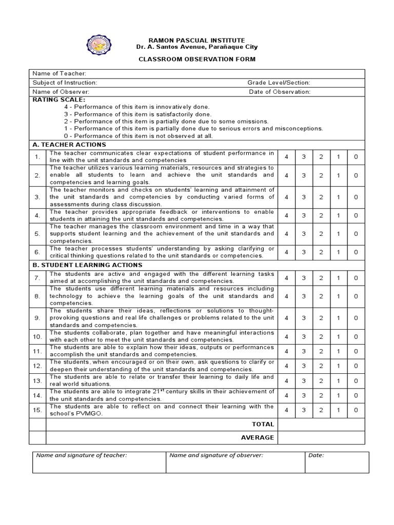 PEAC Classroom Observation Form | PDF | Teachers | Learning