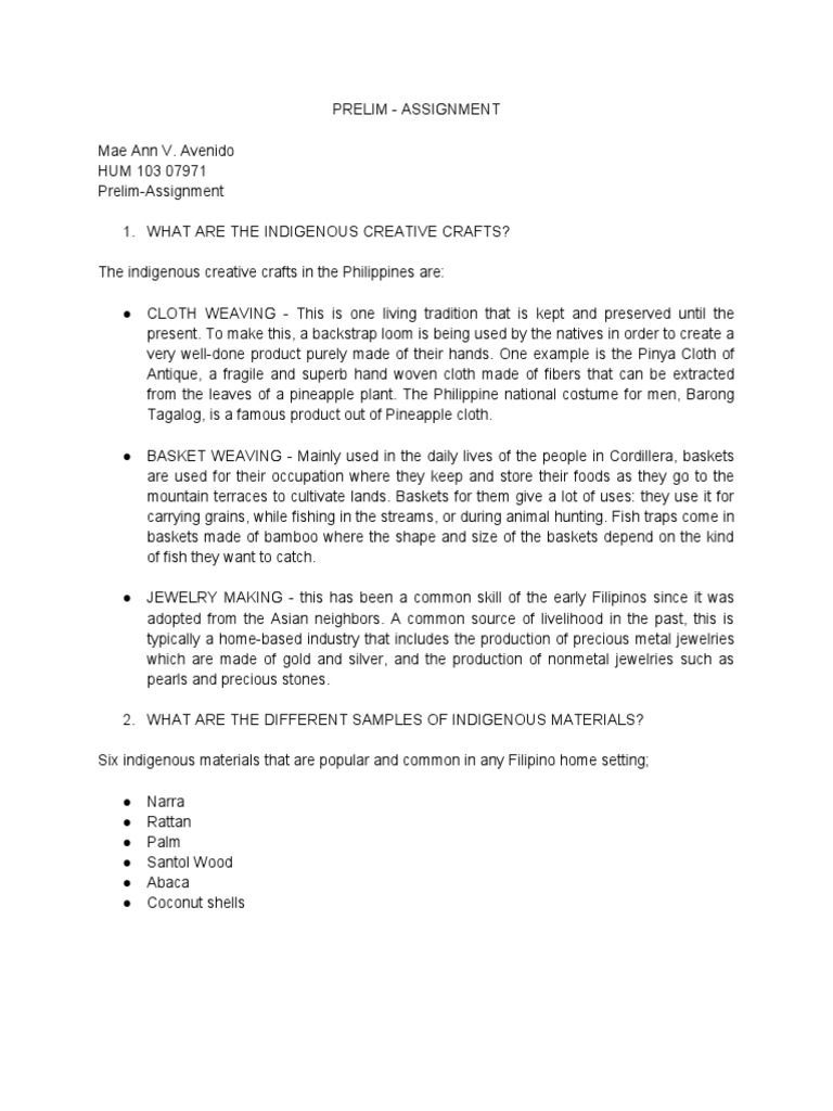 Avenido, Mae Ann v. HUM 103 Prelim Assignment | PDF | Basket Weaving ...