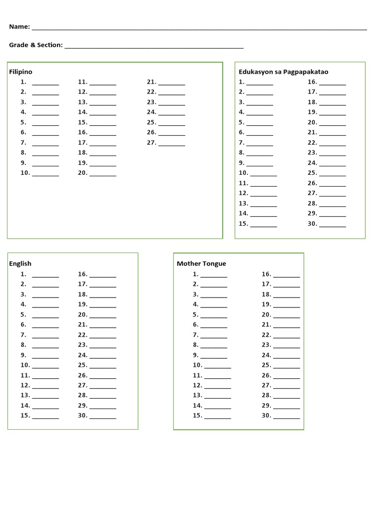 ELLNA Grade 4 Sample Answer Sheet | PDF