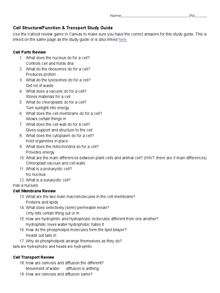 Study Guide For Unit 2 Test - Cell Structure - Function & Transport 22 ...