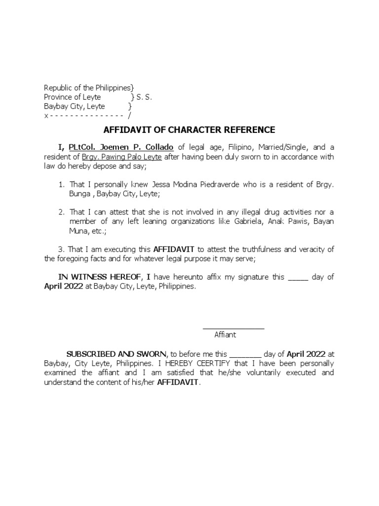 Certificate of Character | PDF | Affidavit | Document