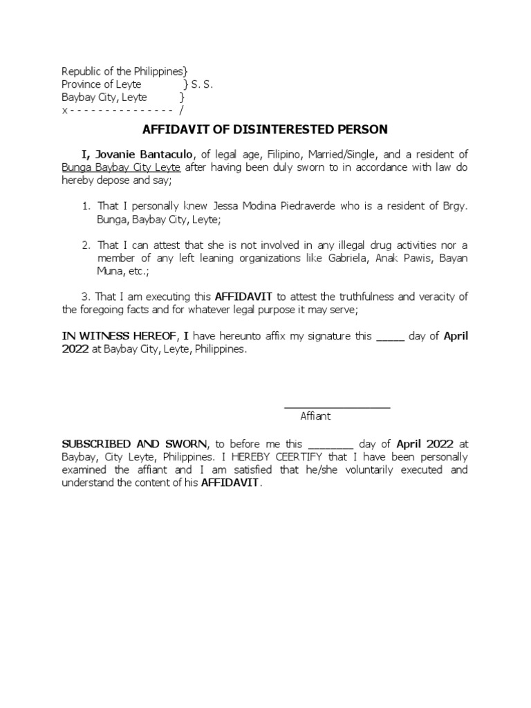 Affidavit of Disinterested Person | PDF