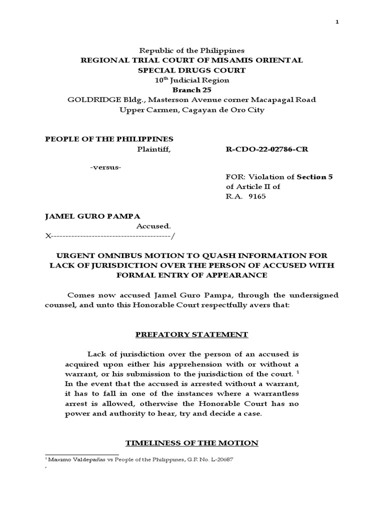 Motion To Quash (Lack of Jurisdiction Over The Person of The Accused) | PDF