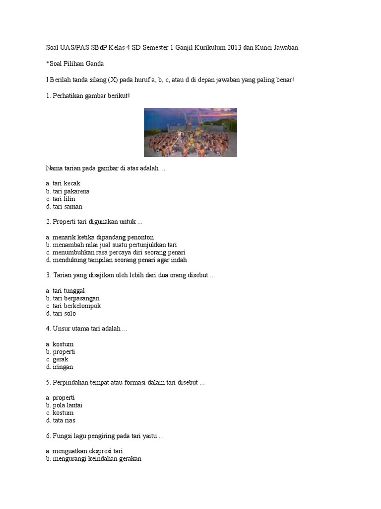 Soal UAS SBdP Kelas 4 SD Semester 1 | PDF | Griya & Taman