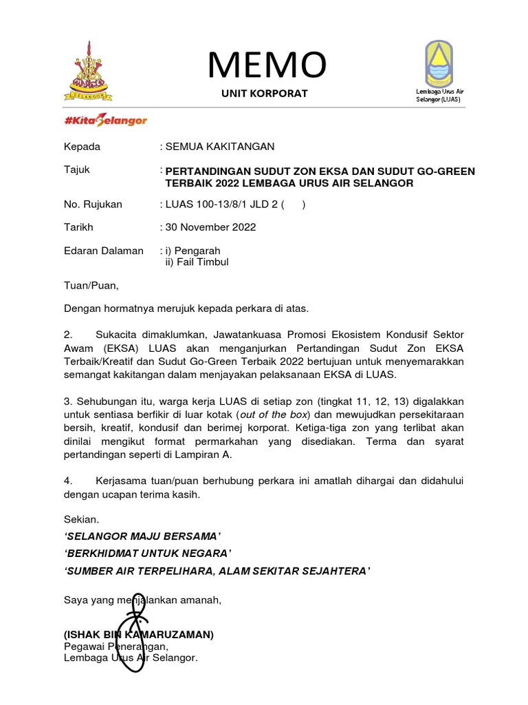 Memo Pertandingan Sudut Zon Eksa Dan Sudut Go-Green Terbaik 2022 Lembaga Urus Air Selangor | PDF