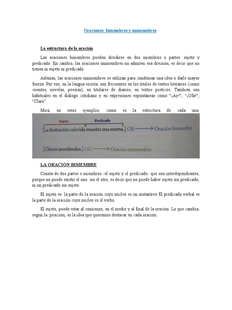 Oraciones Bimembres y Unimembres | PDF | Asunto (gramática) | Verbo