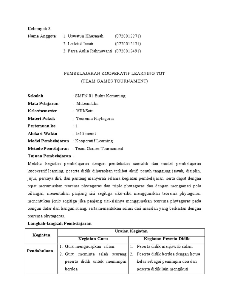 Pembelajaran Kooperatif Learning TGT | PDF